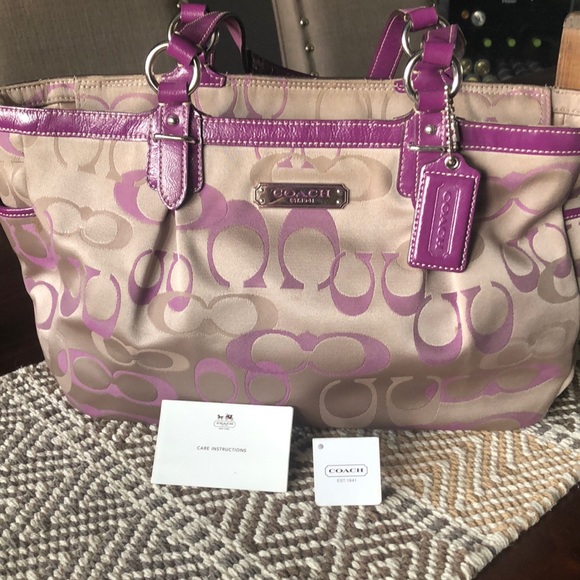 Coach | Bags | Authentic Tan And Purple Logo Coach Purse | Poshmark